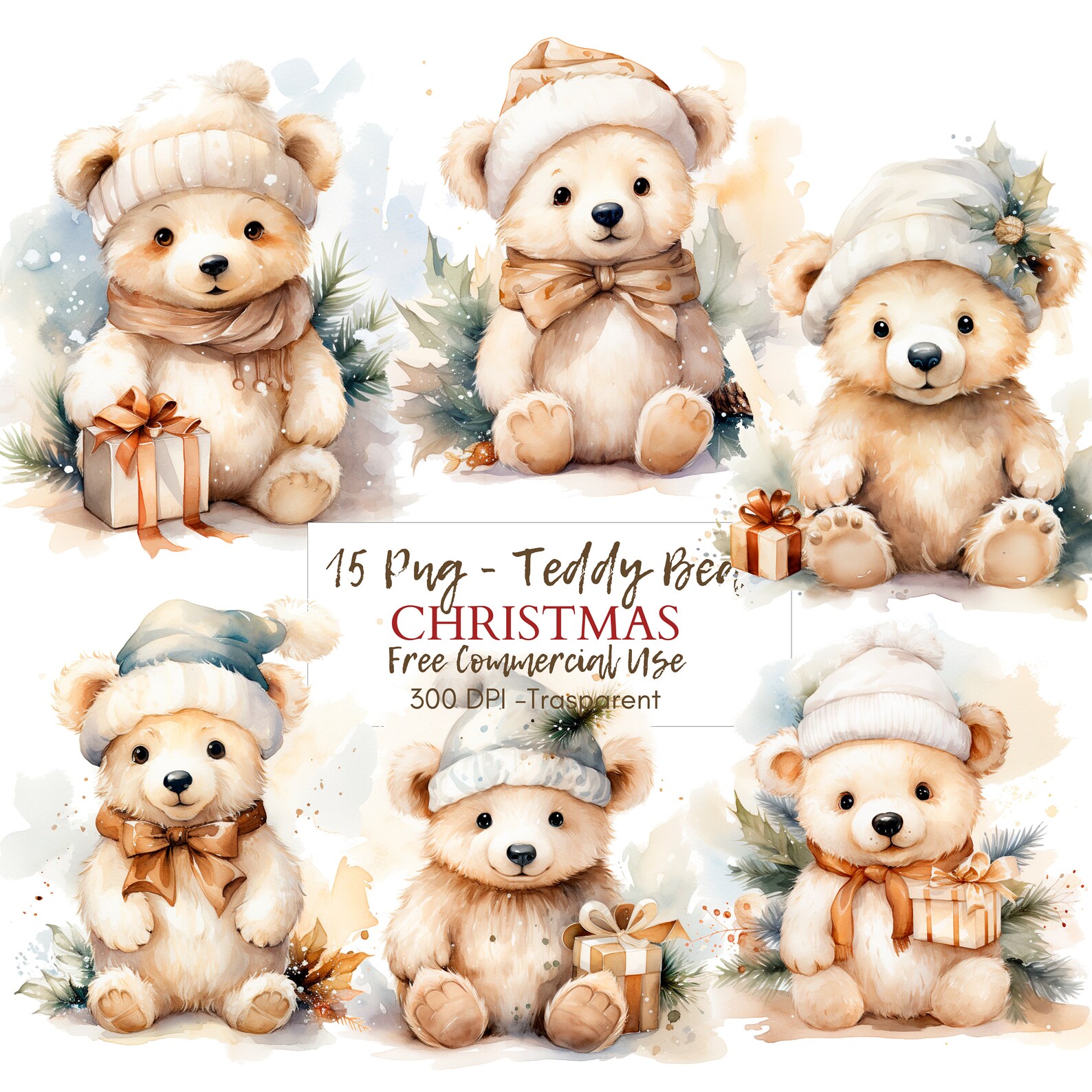Christmas Teddy Bear, Watercolor Clipart PNG,15 High Quality Jpgs ...