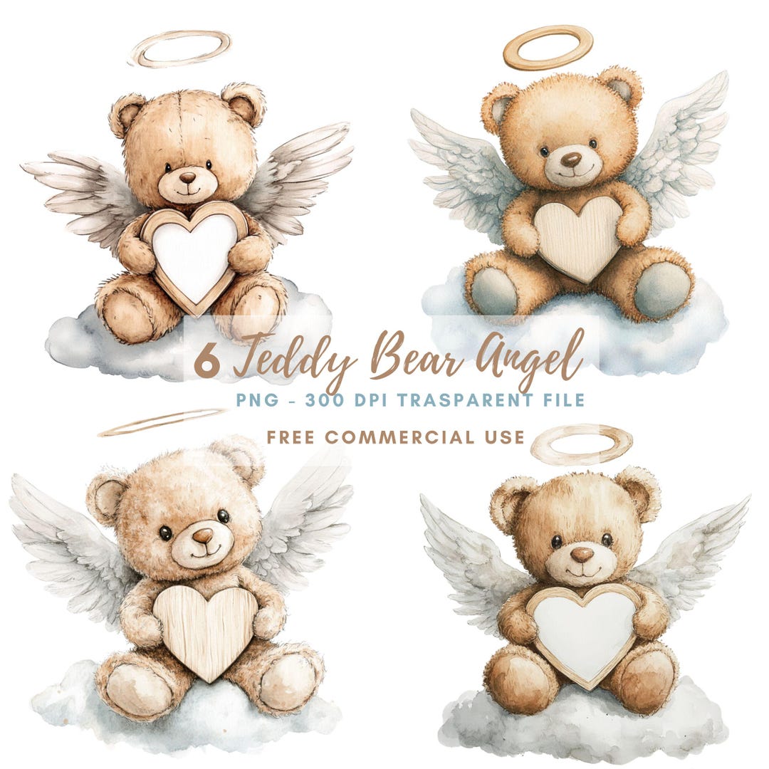 Teddy Bear Angel Clipart PNG Bundle 6 High Quality,watercolor Guardian ...