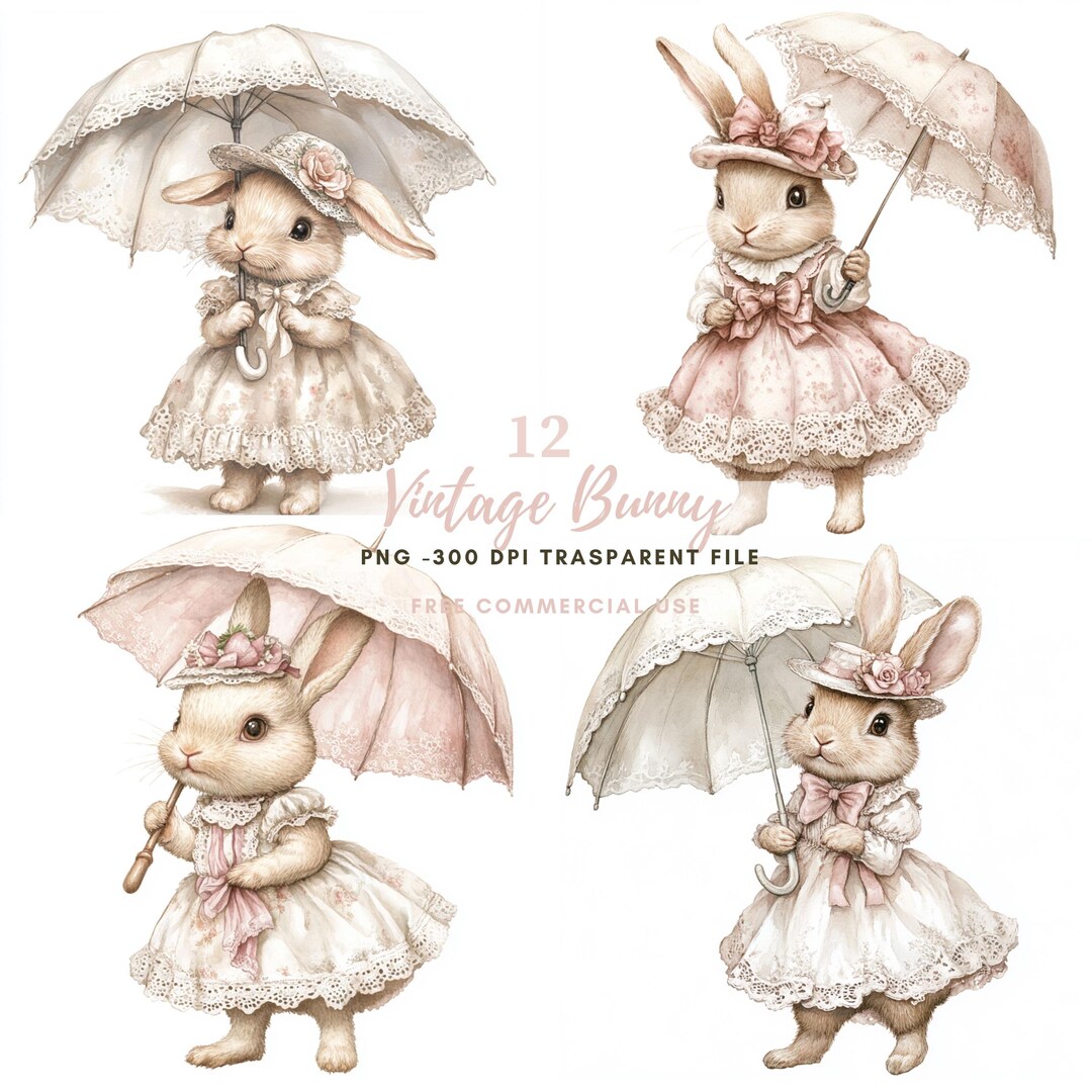 Bunny With Umbrella Clipart PNG Bundle 13 High Quality, Watercolor ...