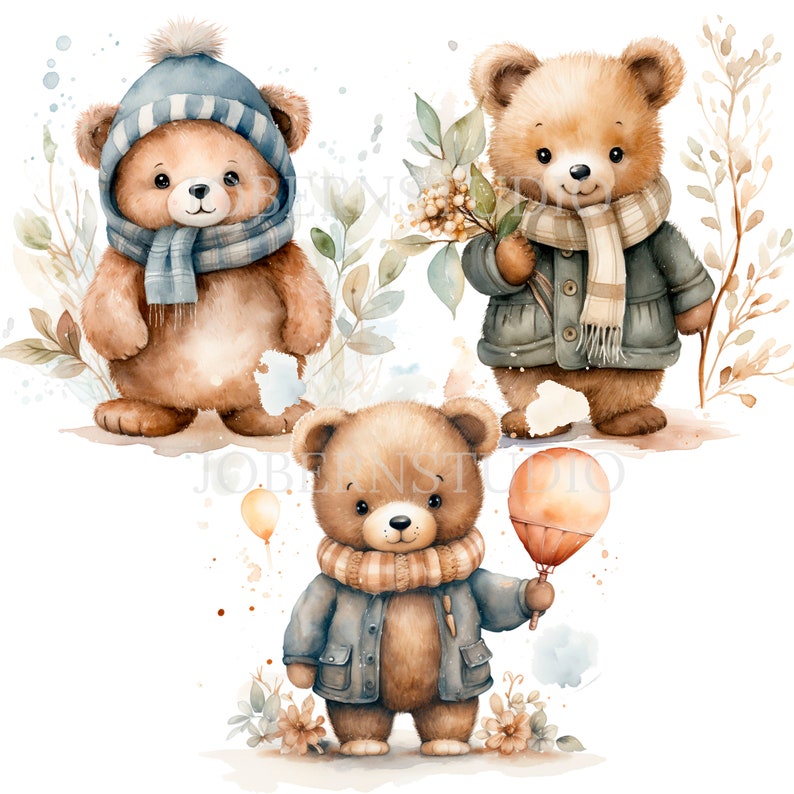 Winter Teddy Bear Clipart,bundle 15 High Quality Png,watercolor Clip Art Jpg,digital Download ...