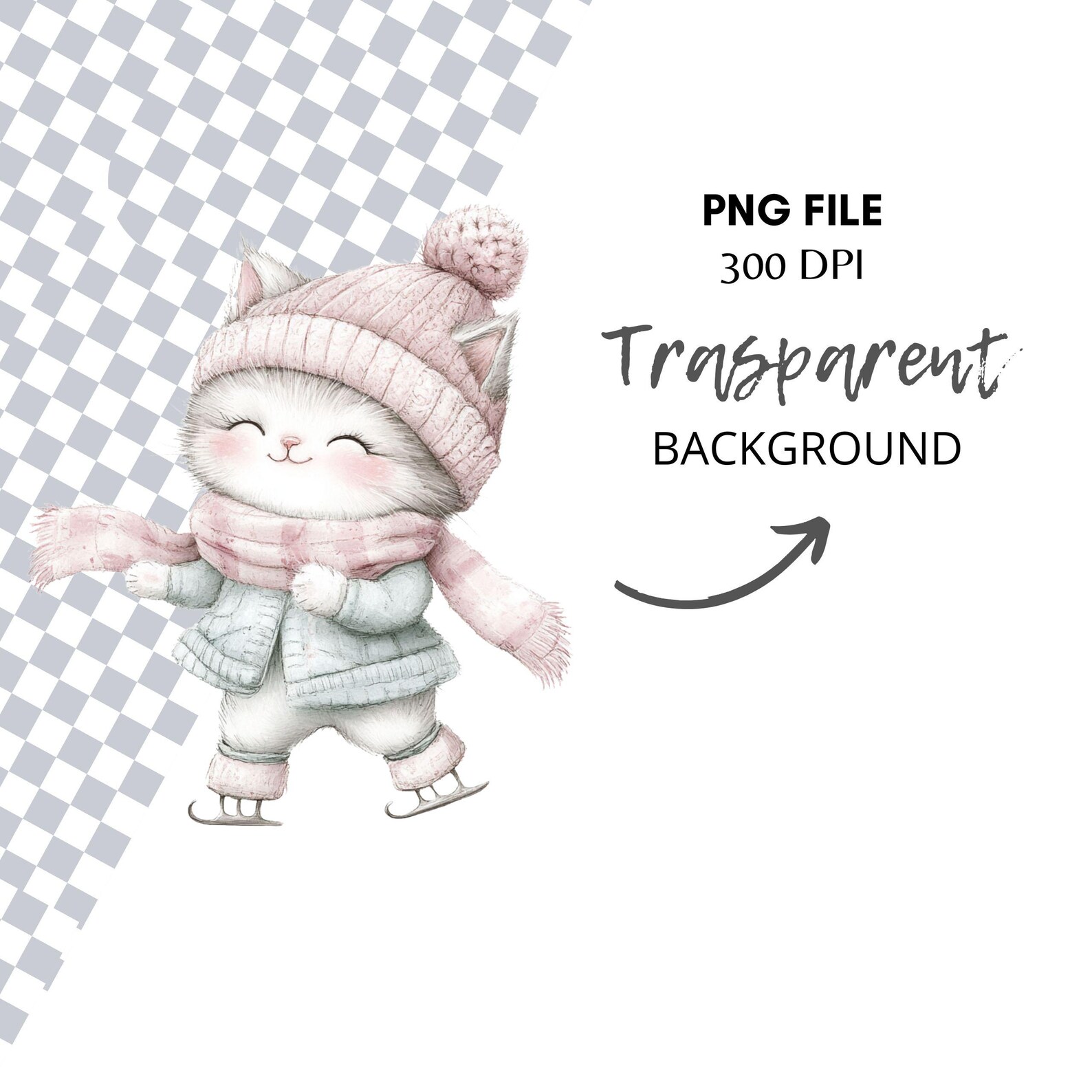 Winter Cat Clipart PNG Bundle 11 High Quality | Winter Skater Cute Cat ...