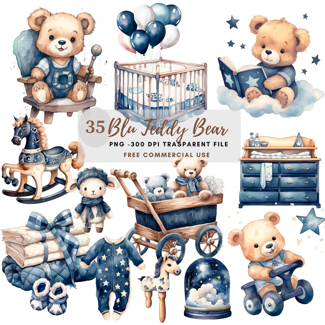 Blue Teddy Bear Nursery Clipart PNG,35 High Quality Jpgs,watercolor ...