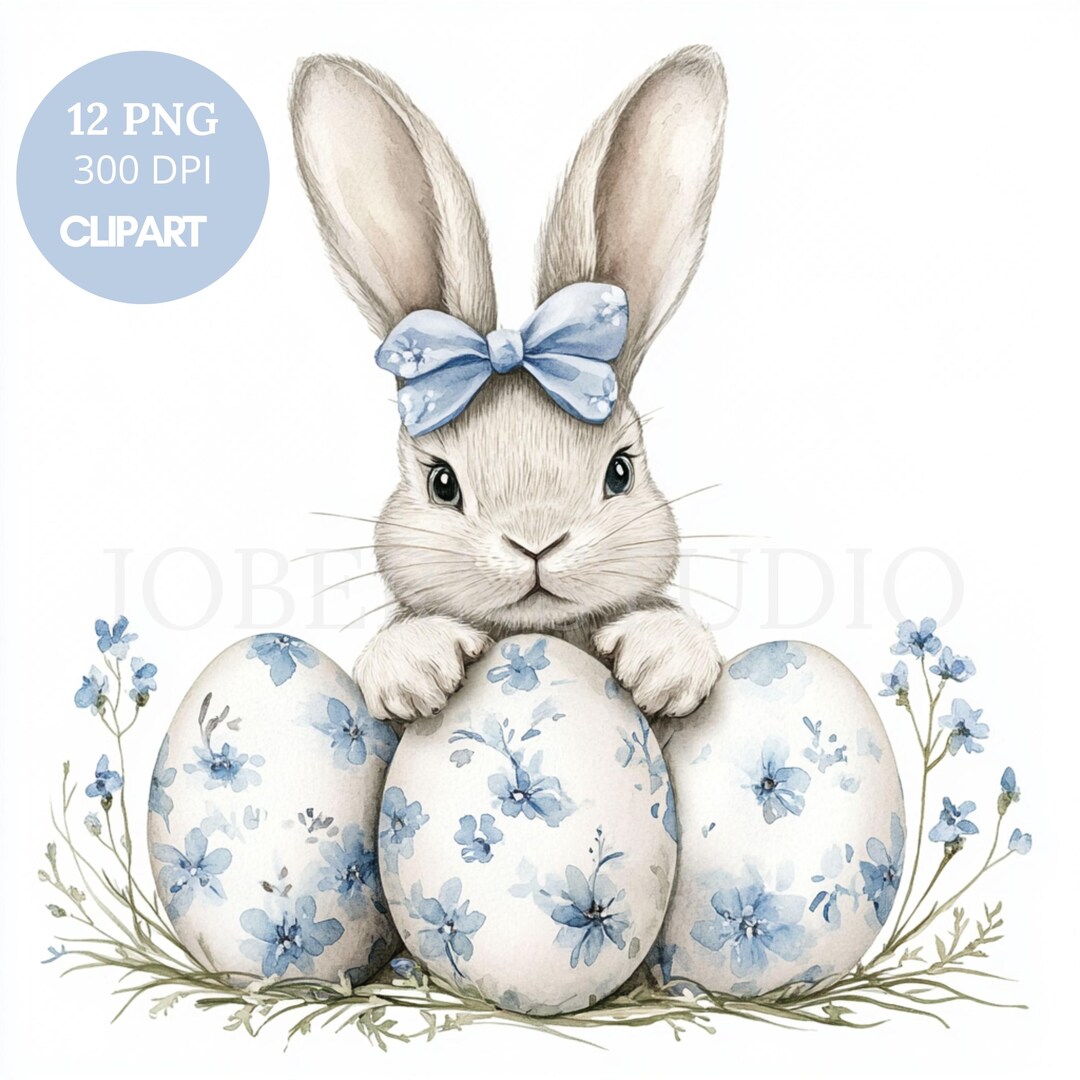 Easter Bunny Blue Clipart PNG Bundle 12 High Quality| Watercolor Bunny ...