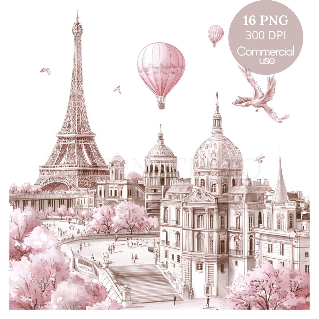 Watercolor Paris Cityscape Clipart, Pink Paris Illustrations (digital ...