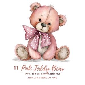 Pink Teddy Bear Clipart | Bundle Watercolor 11 High Quality PNG | Pink ...