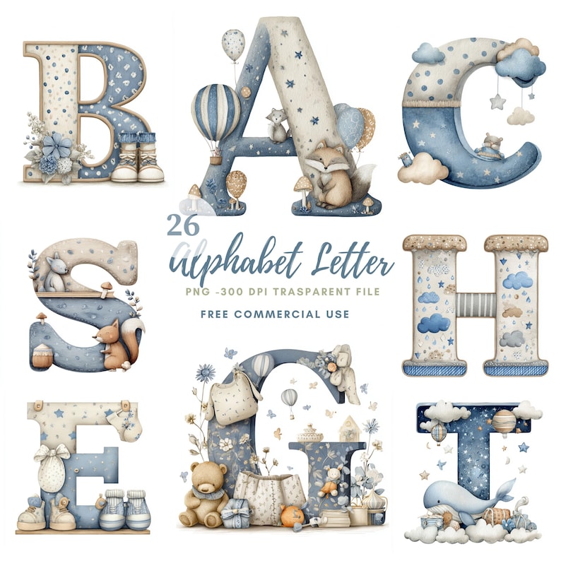 Nursery Alphabet Letter,clipart Bundle 26 PNG, Watercolor Blue Letter ...