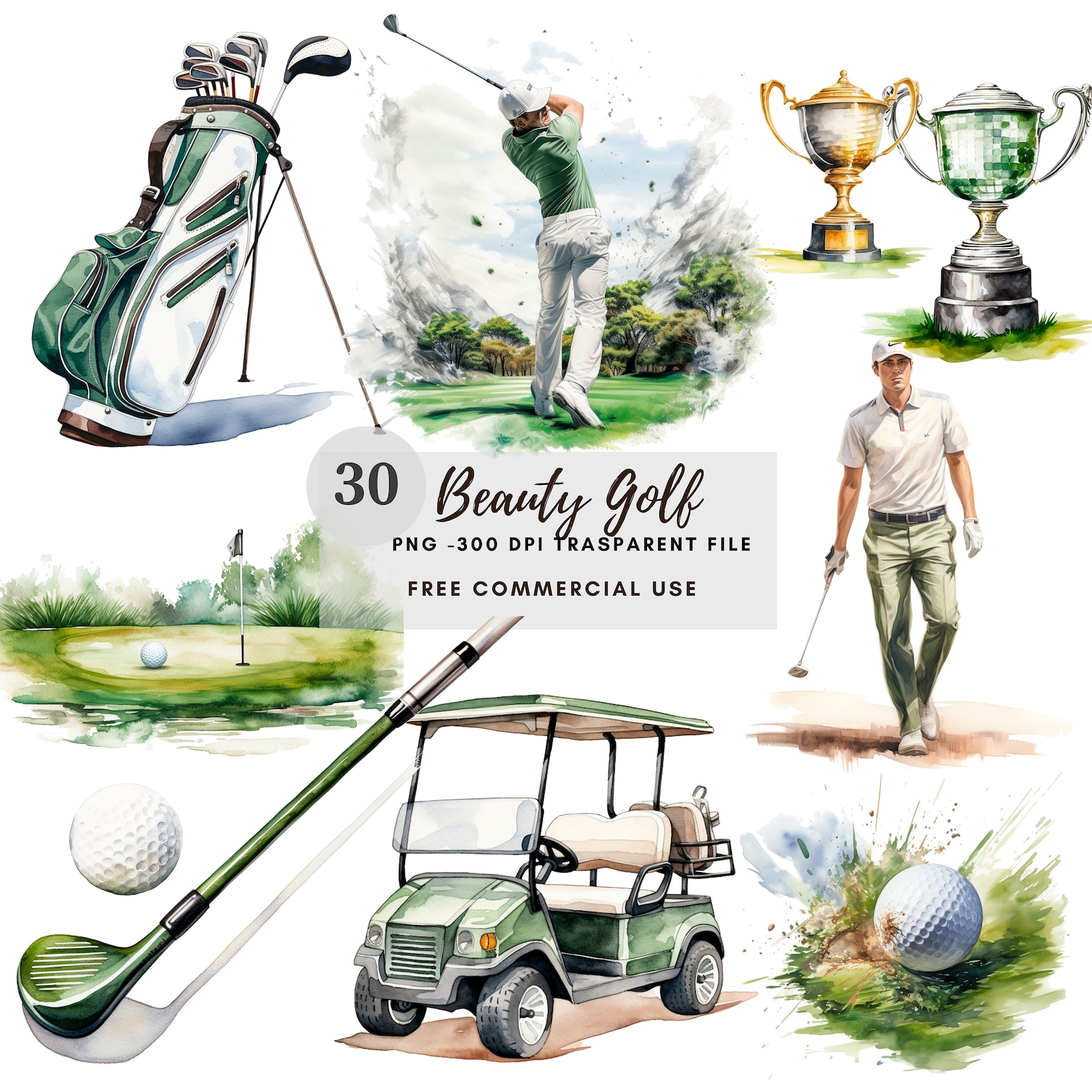 Golf Clipart Png,bundle 30 High Quality, Watercolor Sport Golf Digital ...