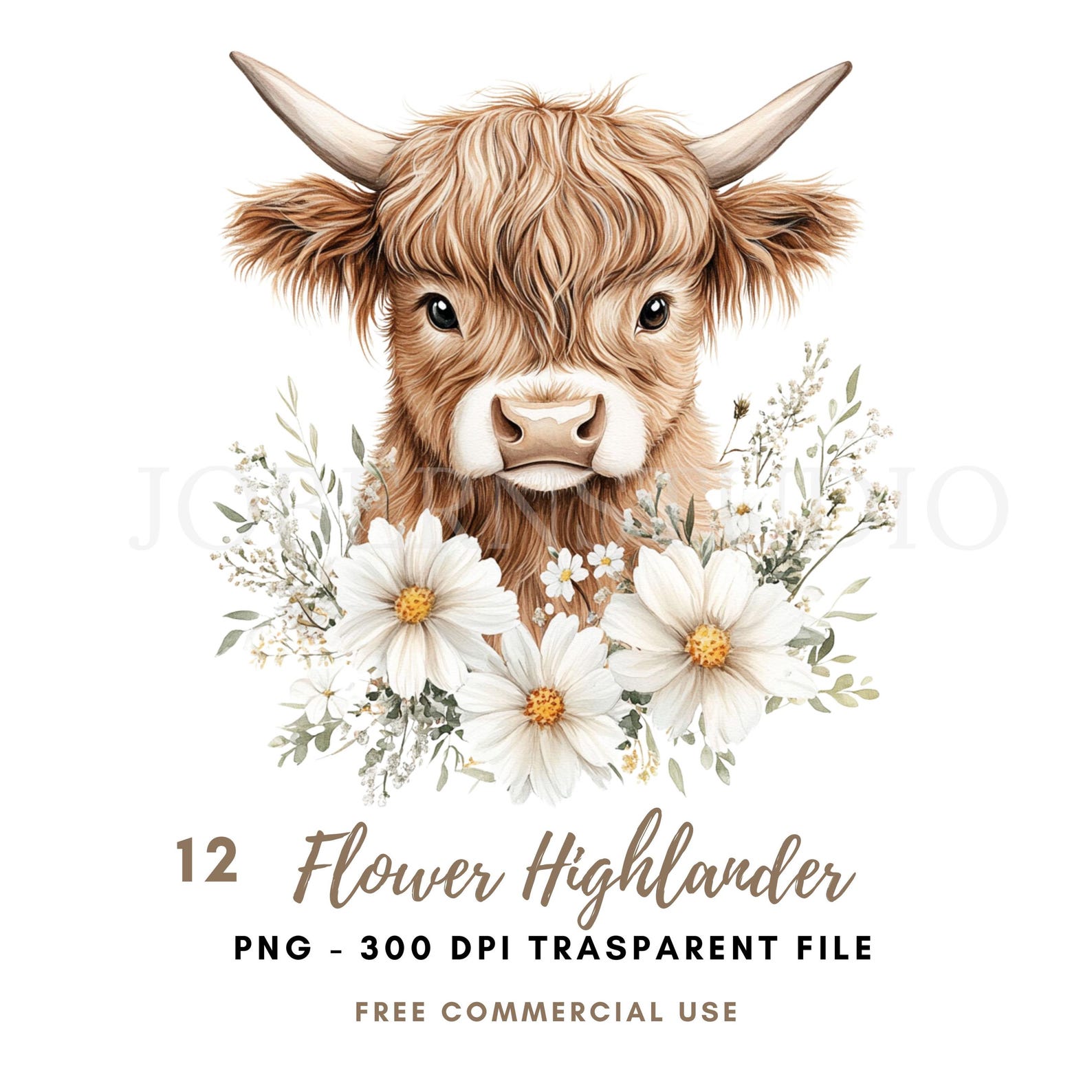 Flower Highlander Clipart PNG Bundle 12 High Quality,watercolor ...