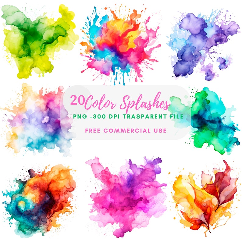 Watercolor Color Splash Clipart,20 Watercolor Graphics Alcohol Ink ...