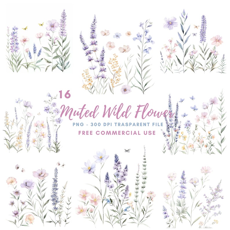 Muted Wild Flower Border Clipart Bundle 16 High Quality Png,watercolor ...