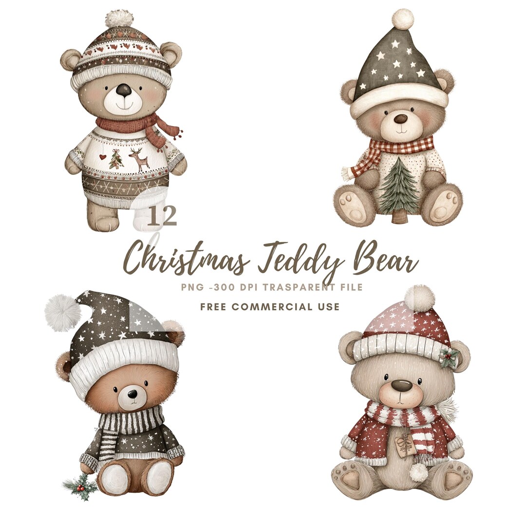 Christmas Teddy Bear Clipart, Watercolor 12 High Quality PNG, Winter ...