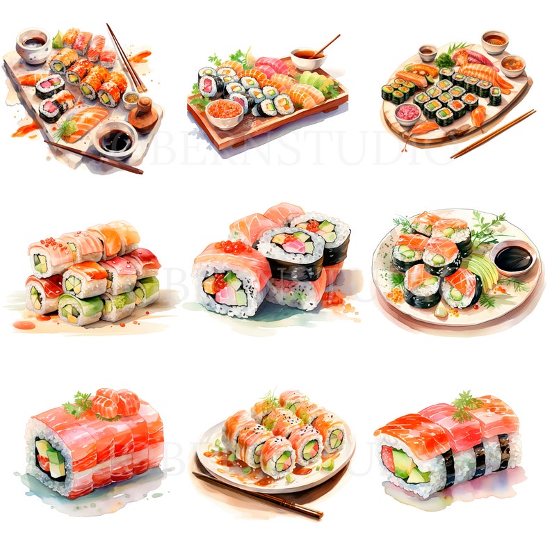 Watercolor Sushi Clipart Bundle, Japanese Food PNG (digital Download ...