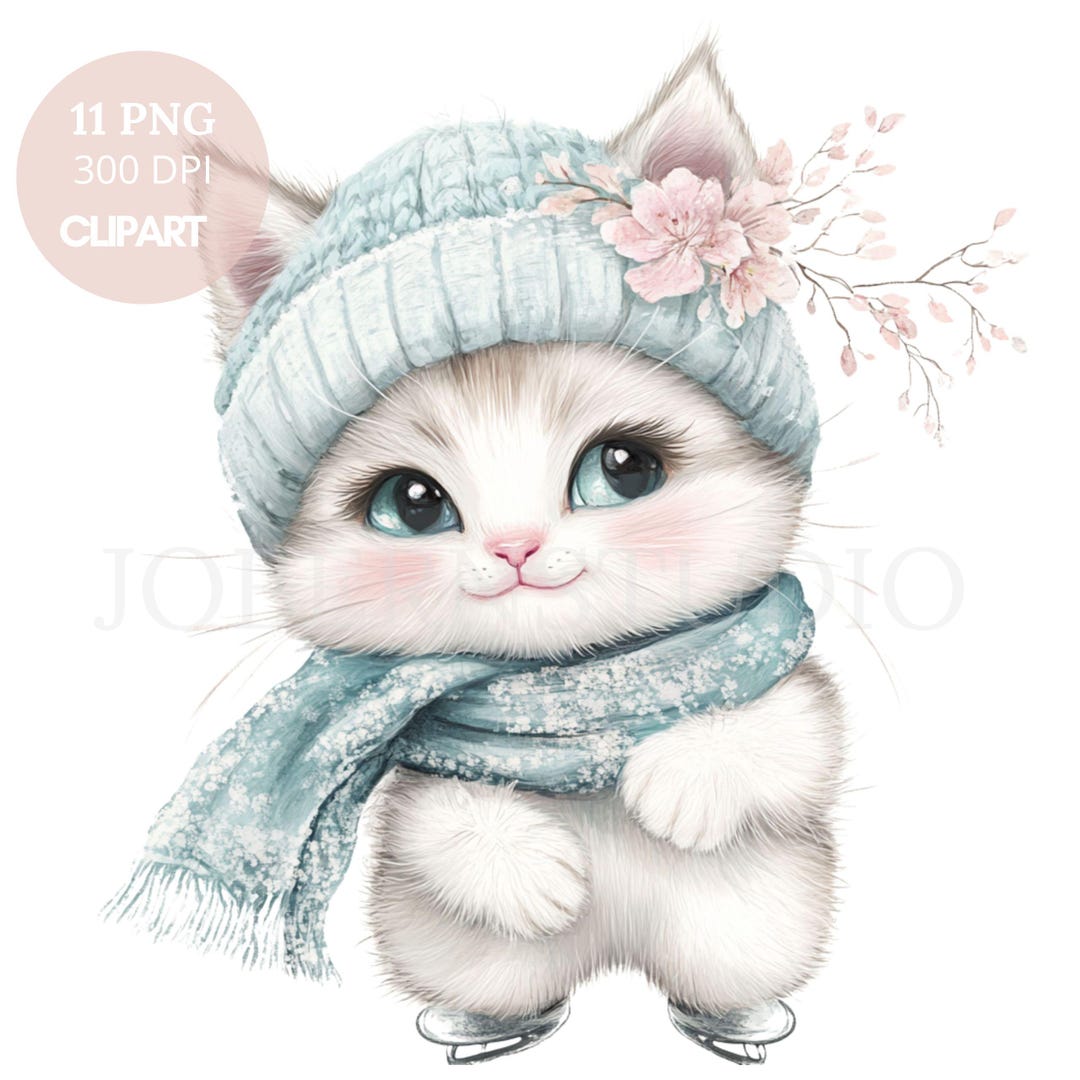 Winter Cat Clipart PNG Bundle 11 High Quality | Winter Skater Cute Cat ...