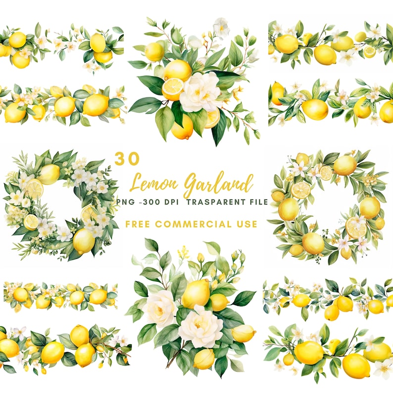 Lemon Rose Garland Clipart Bundle 30 High Quality Png,watercolor Floral ...