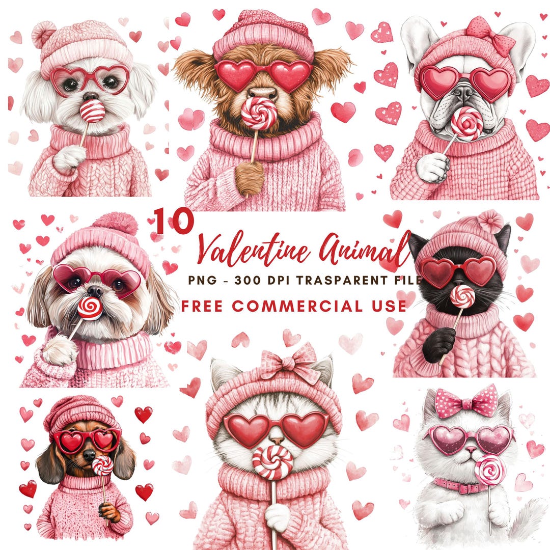 Valentine Cats and Dogs Clipart PNG Bundle 10 High Quality| Watercolor ...