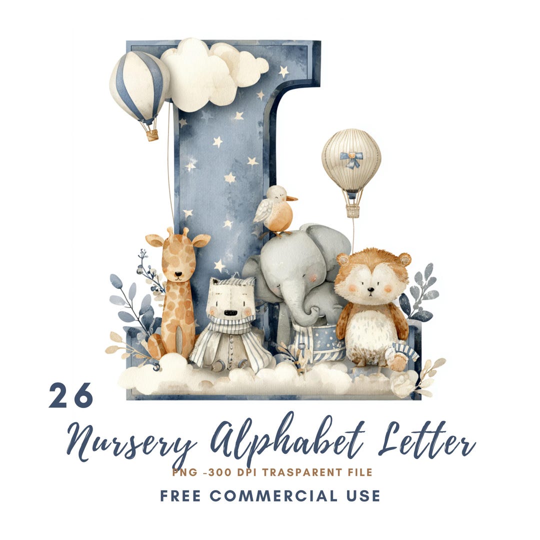 Nursery Alphabet Letter,clipart Bundle 26 PNG, Watercolor Blue Letter ...
