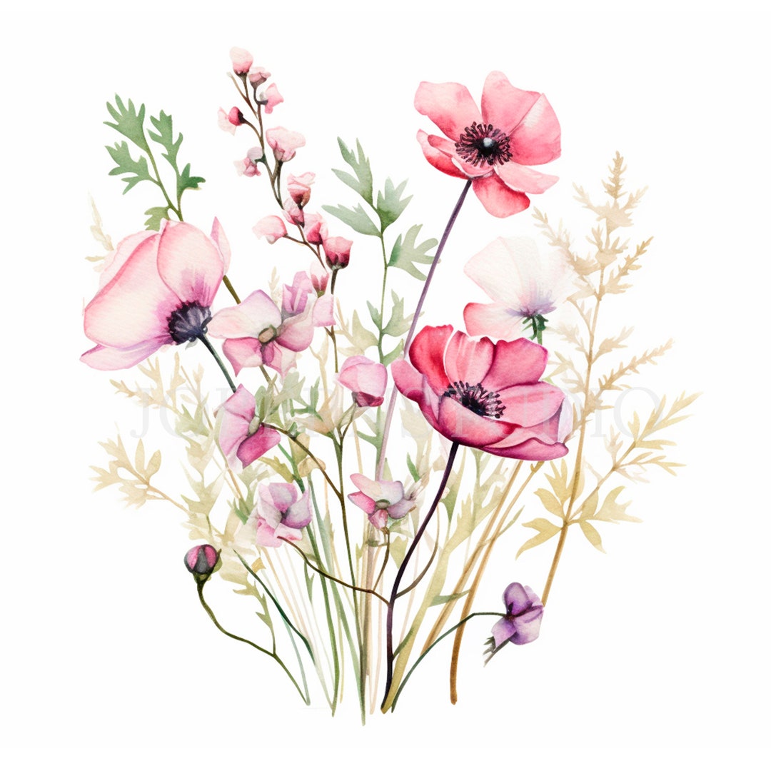 Pink Wild Flower Clipart Bundle 10 High Quality PNG, Watercolor Flower ...
