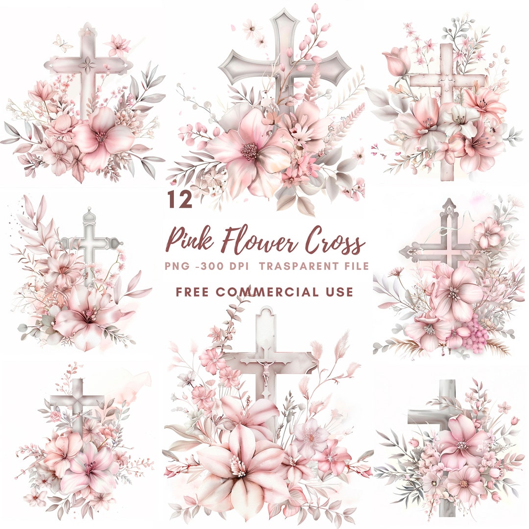 Pink Flower Cross Clipart Bundle 12 High Quality Png,cross Watercolor ...