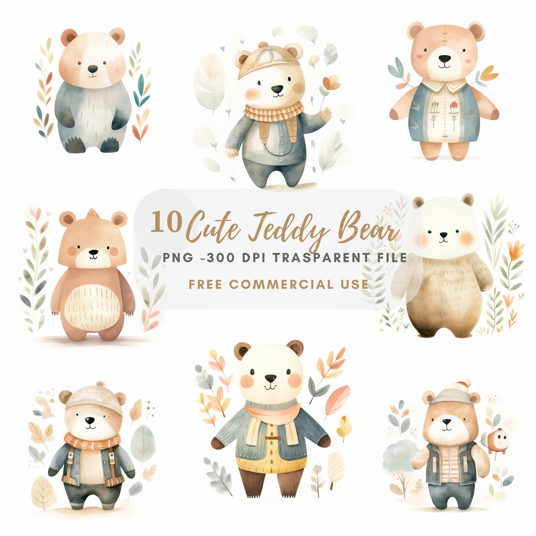 Teddy Bear Baby Party Clipart PNG,10 High Quality,watercolor Digital ...