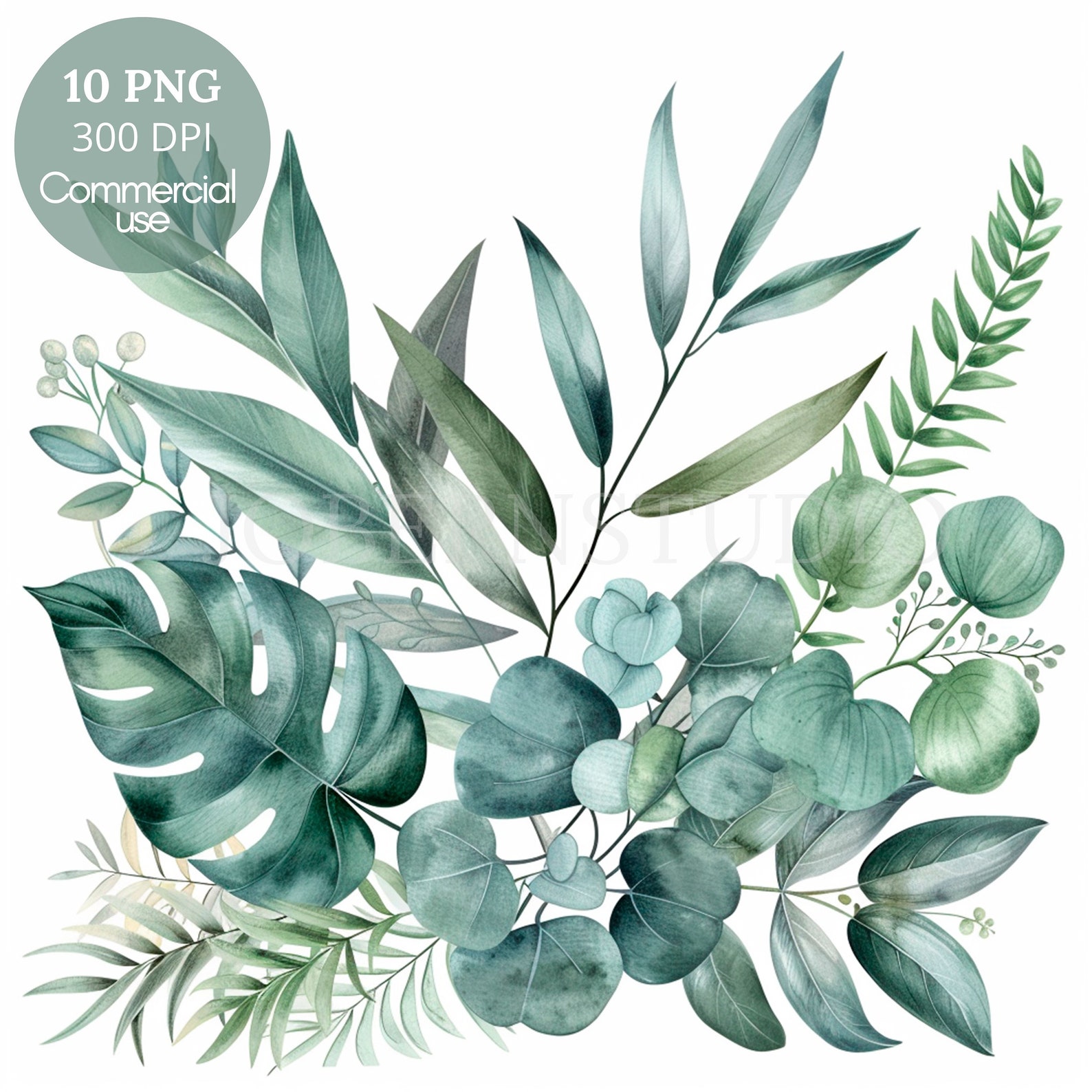Green Leaves Bouquet Clipart Bundle 10 High Quality Png,watercolor ...