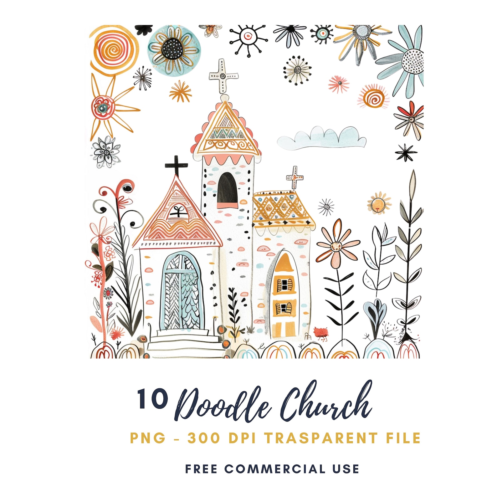 Doodle Church Clipart Png,bundle 10 High Quality,watercolor Baby Church ...