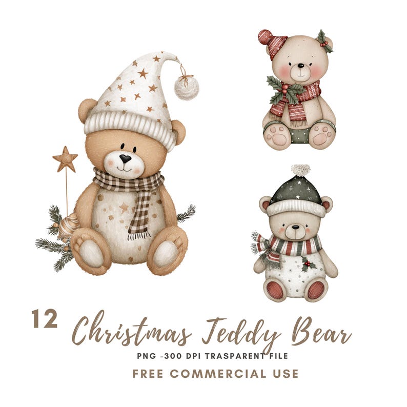 Christmas Teddy Bear Clipart, Watercolor 12 High Quality PNG, Winter ...