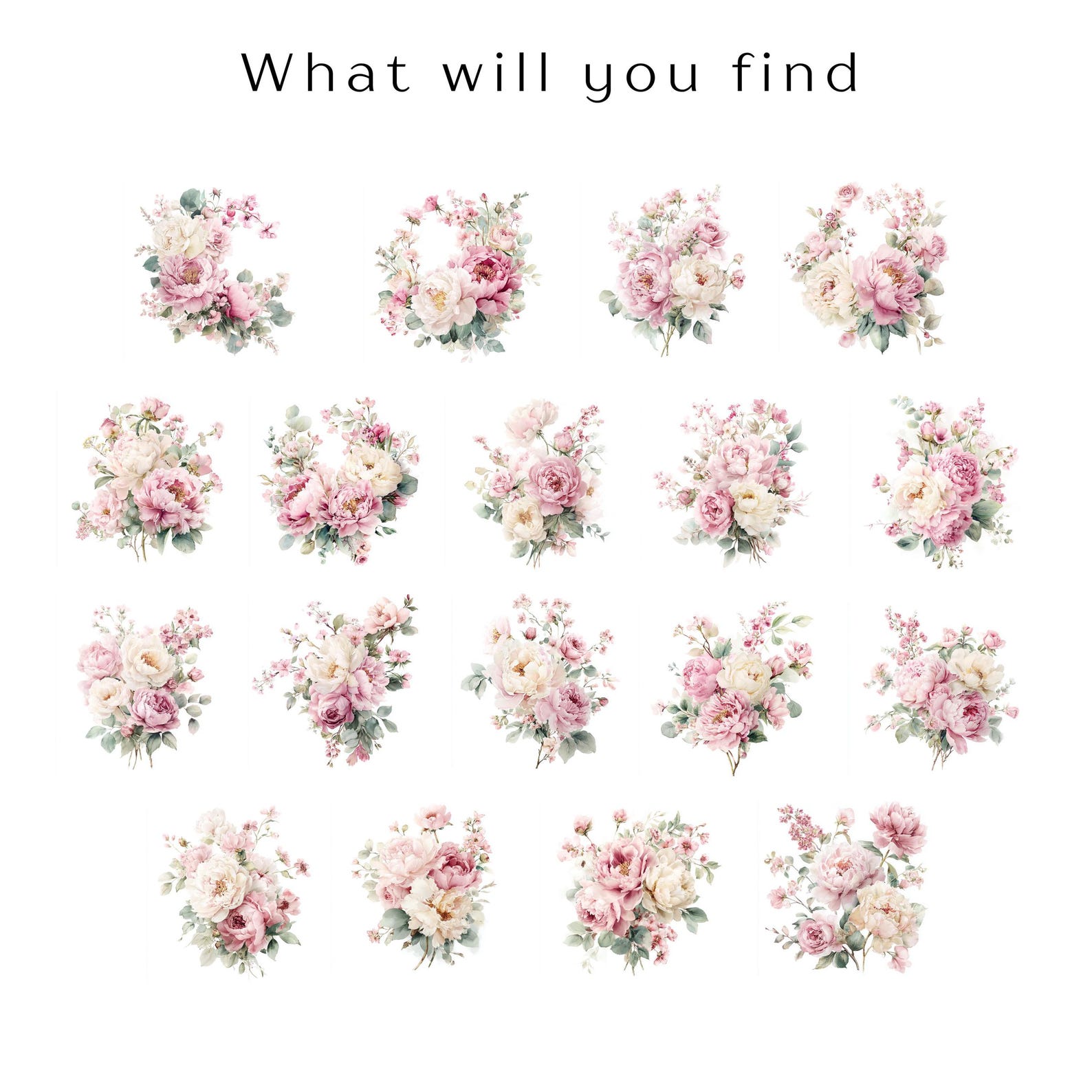 Pink Rose Peons Bouquet Clipart Bundle 18 High Quality PNG| Watercolor ...