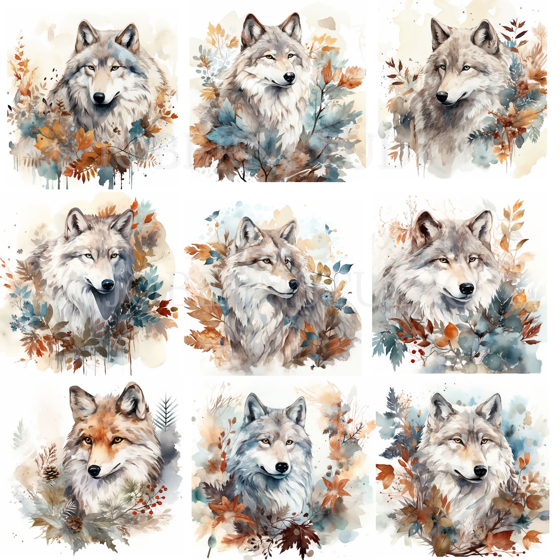 Wolf Fall Clipart Png,bundle 15 High Quality Jpg,watercolor Digital ...