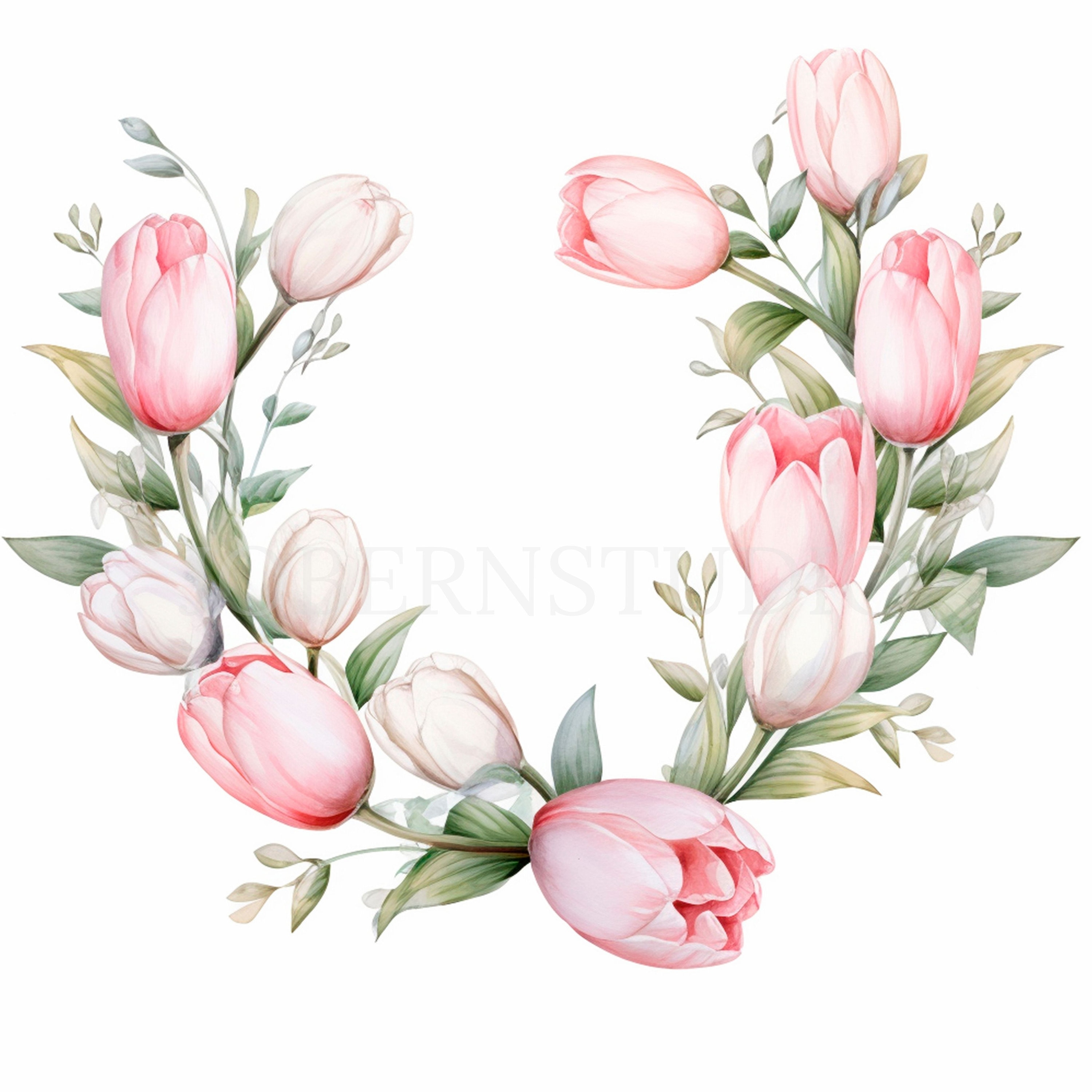 Tulips Flower Garland Clipart Bundle 15 High Quality PNG, Watercolor ...