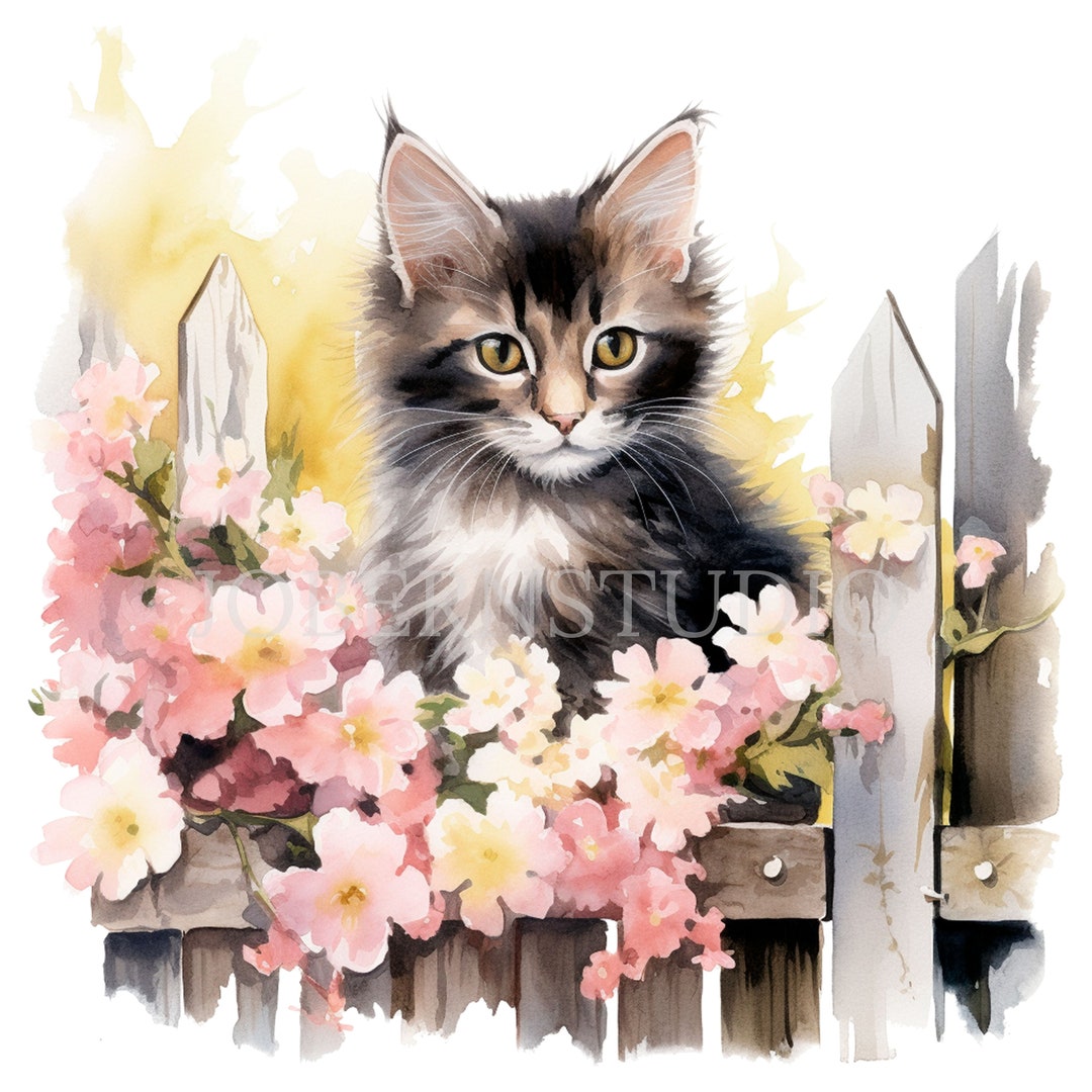 Cat and Flower Clipart PNG Bundle 13 High Quality JPG, Watercolor Funny ...