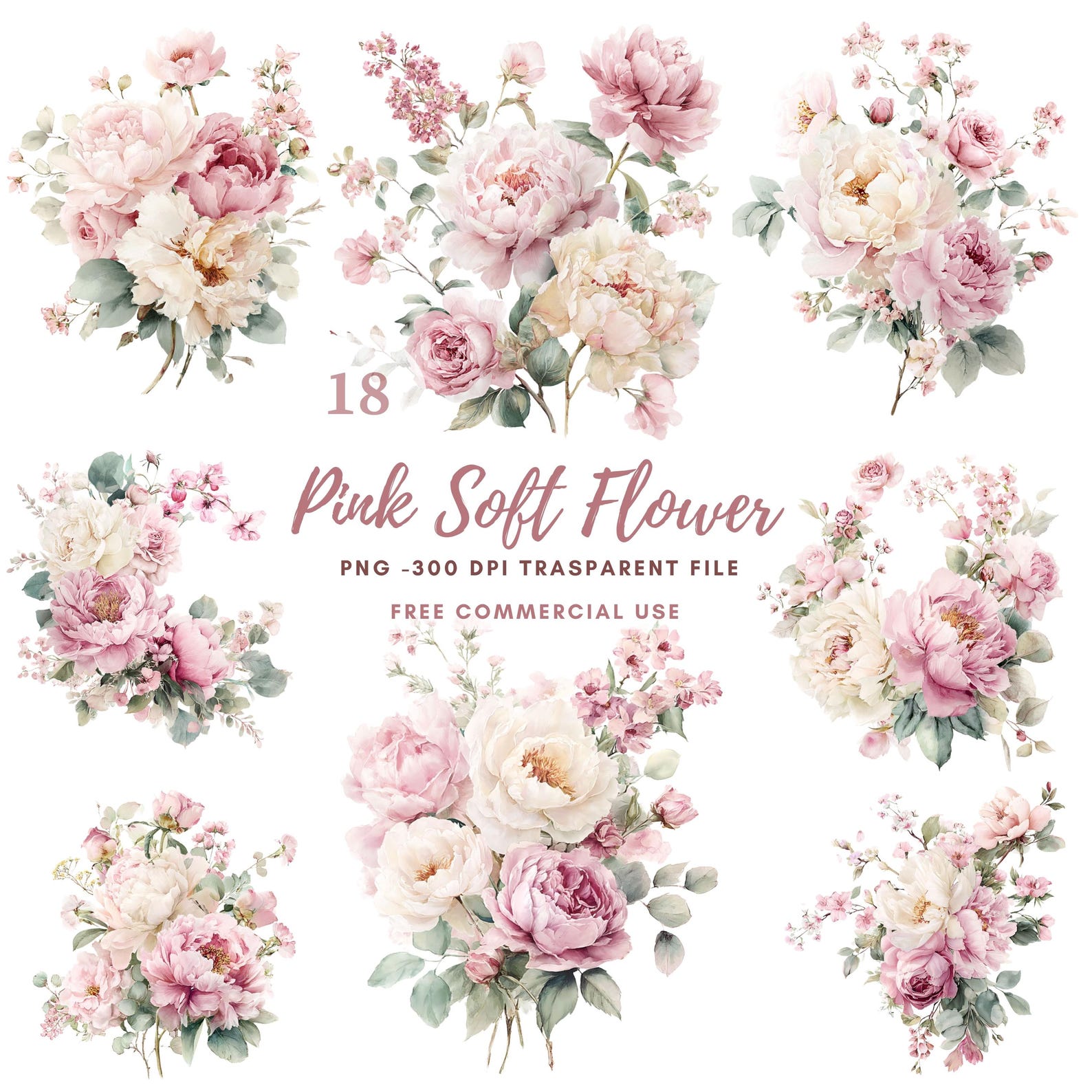 Pink Rose Peons Bouquet Clipart Bundle 18 High Quality PNG| Watercolor ...