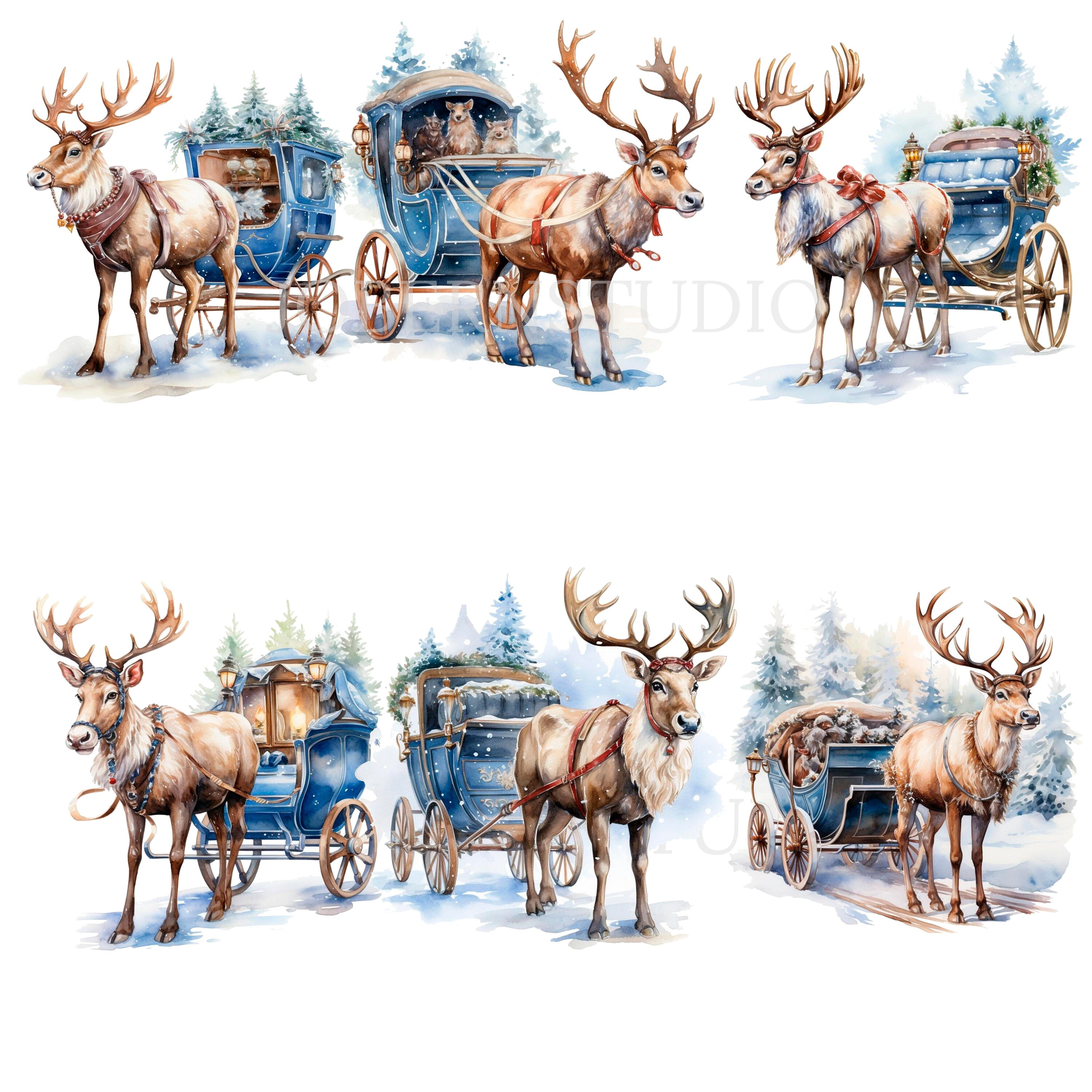 Christmas Sled Reindeer Clipart Png,bundle 15 High Quality Jpg,digital ...