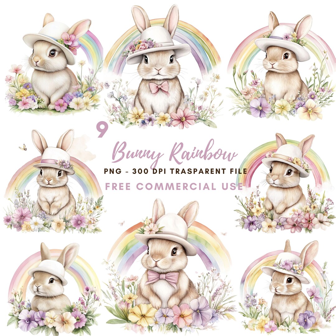 Easter Bunny Rainbow Clipart PNG Bundle 9 High Quality JPG, Watercolor ...