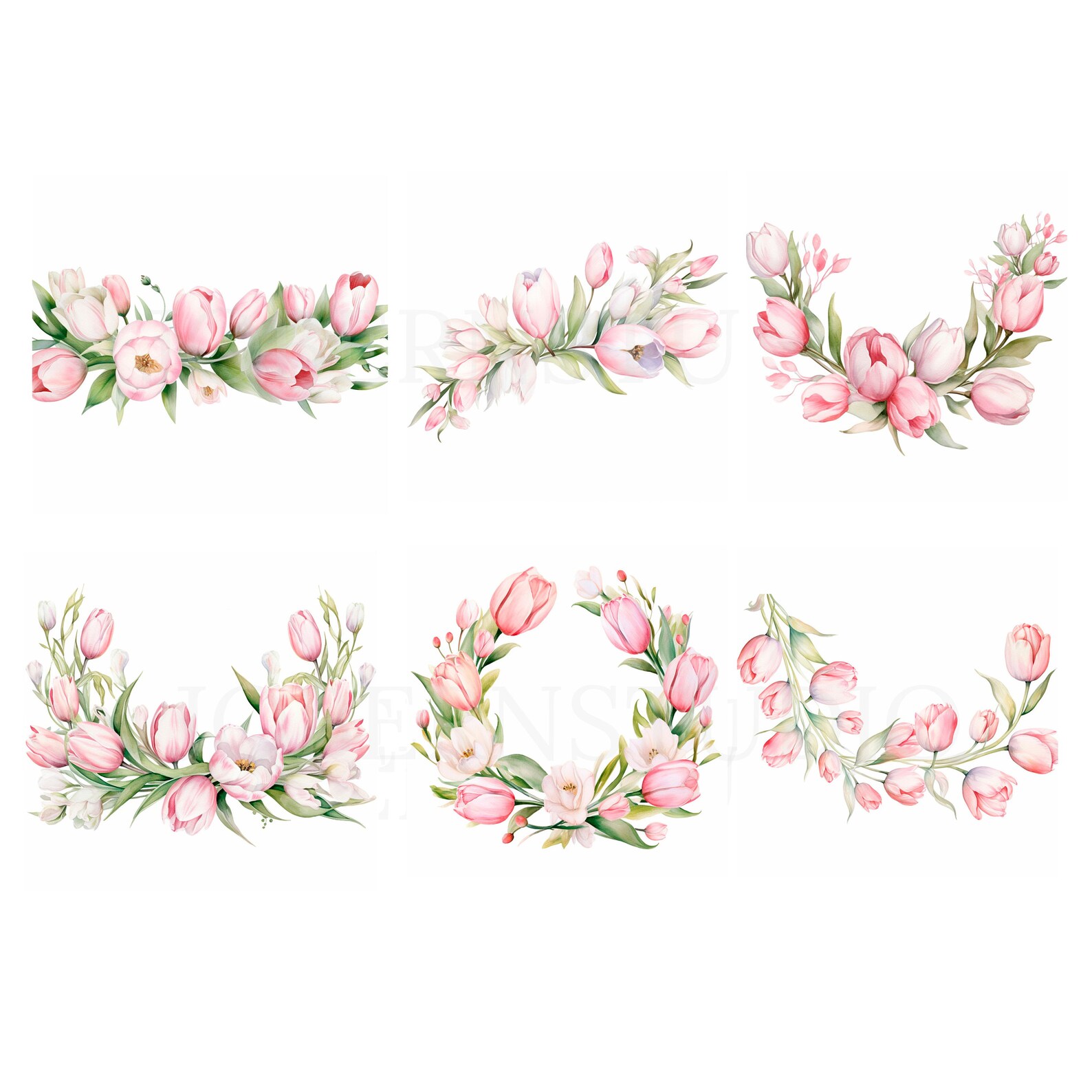 Tulips Flower Garland Clipart Bundle 15 High Quality PNG, Watercolor ...