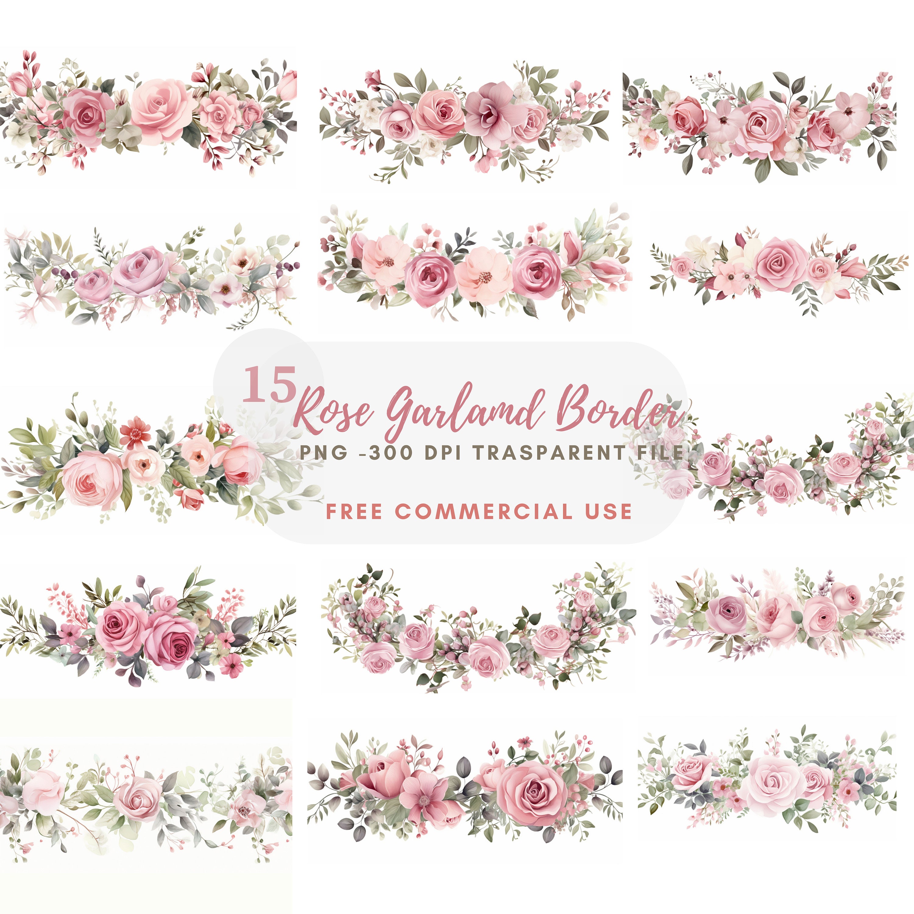 Rose Garland Clipart Bundle 15 High Quality Png,watercolor Floral ...