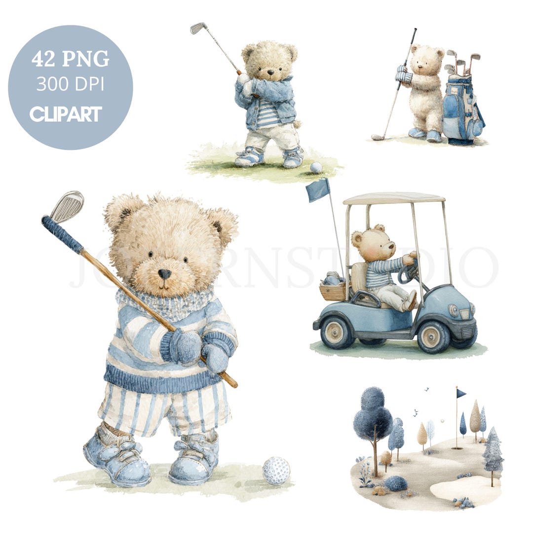 Baby Golf Teddy Bear Clipart Bundle 42 PNG, Watercolor Baby Sport Golf ...