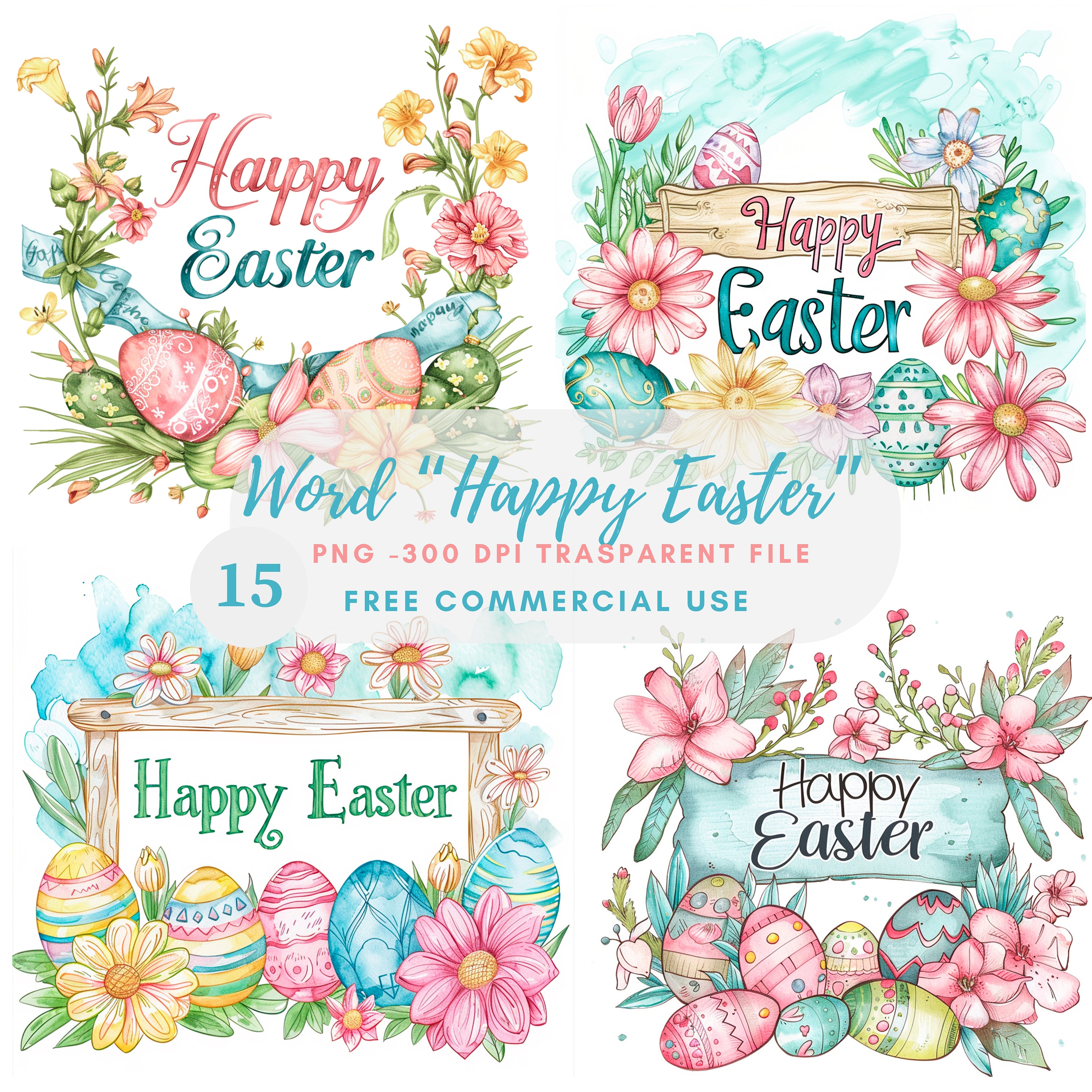 Easter Word Clipart PNG Bundle 15 High Quality,pastel Easter Watercolor ...