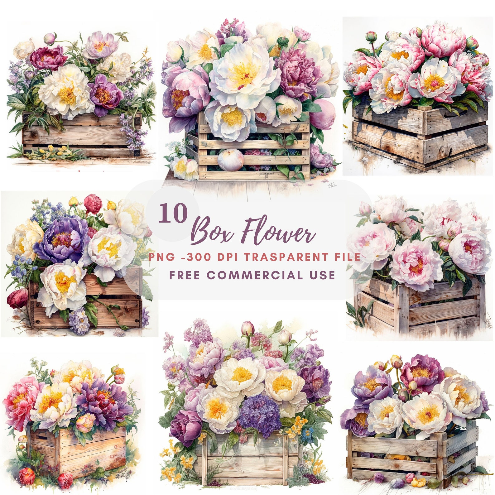 Box Flower Clipart Bundle 10 High Quality PNG, Watercolor Flower ...