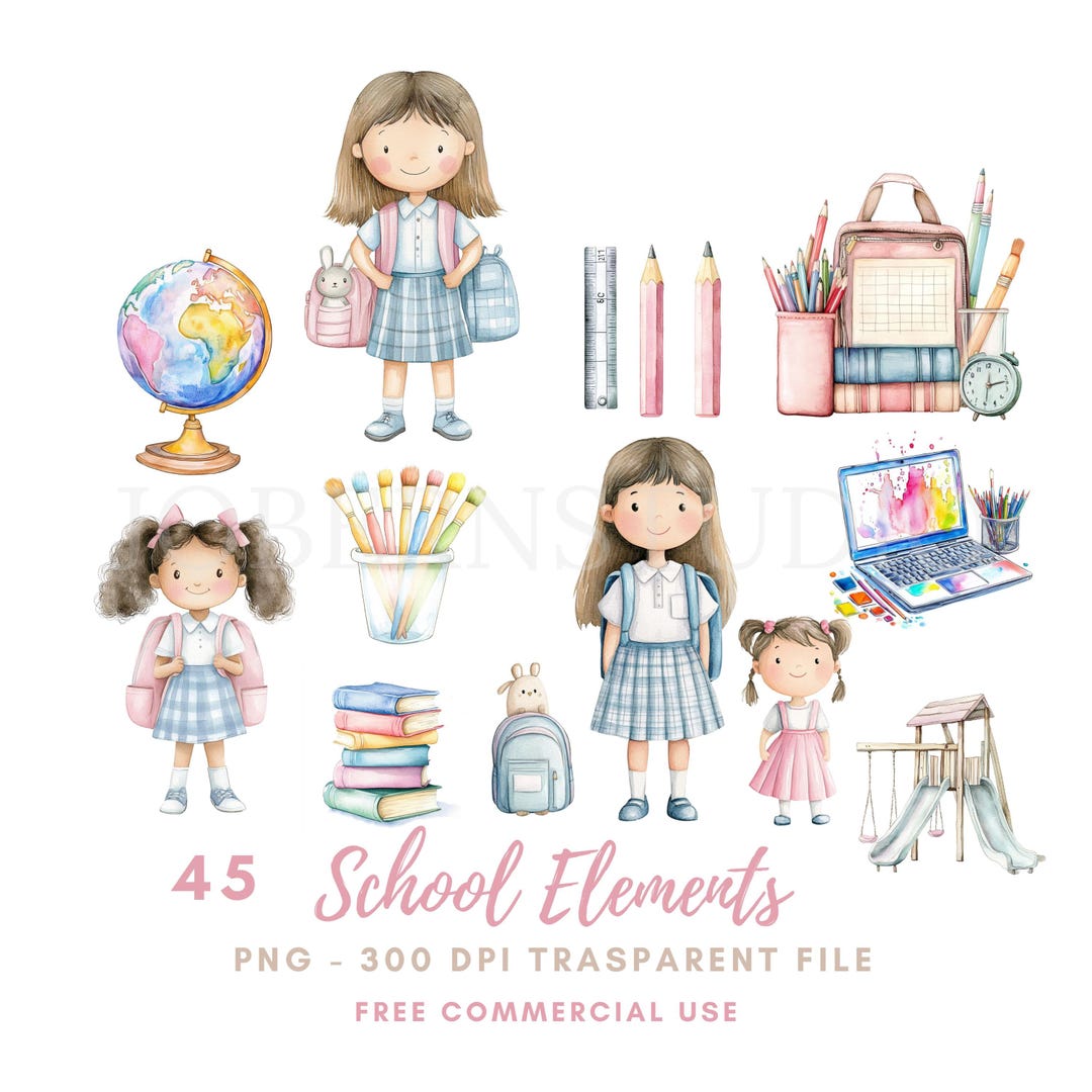 School Elements Clipart PNG Bundle 45 High Quality,watercolor Girl and ...