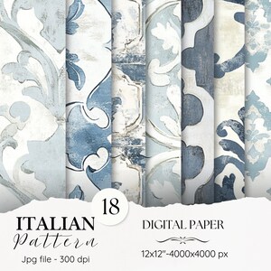 Italian Blue Pattern Digital Paper Pack- Scrapbook Junk Journal Papers ...