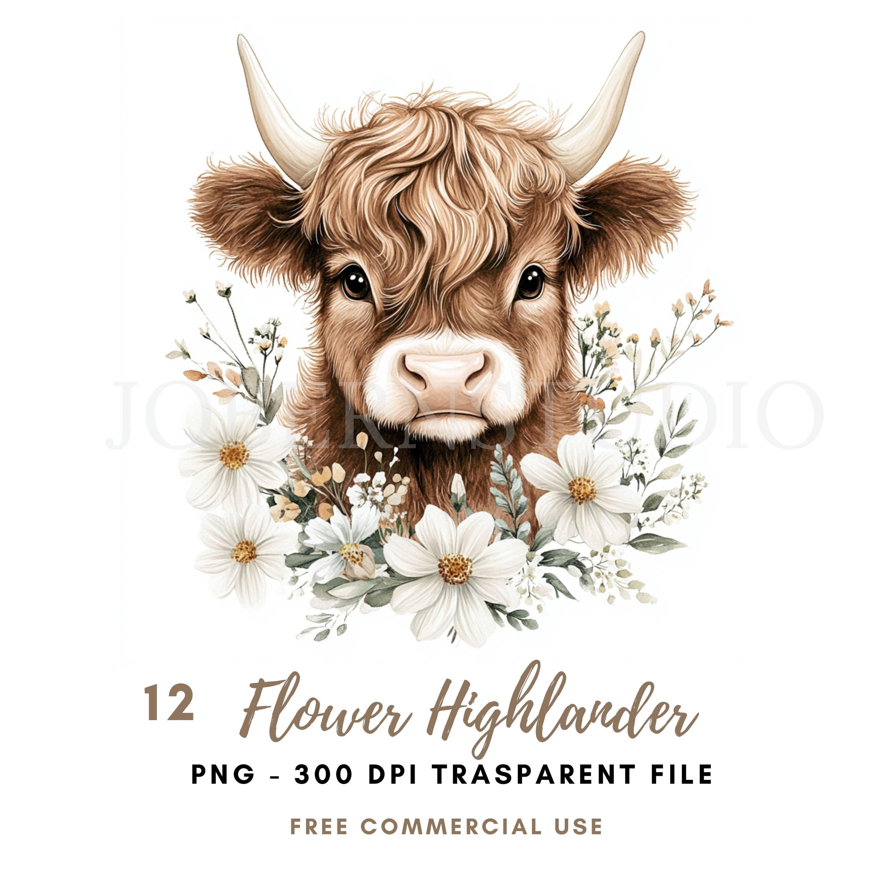 Flower Highlander Clipart PNG Bundle 12 High Quality,watercolor ...
