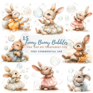 Cute Bunny Clipart PNG Bundle 15 High Quality,watercolor Bunny Bubbles ...