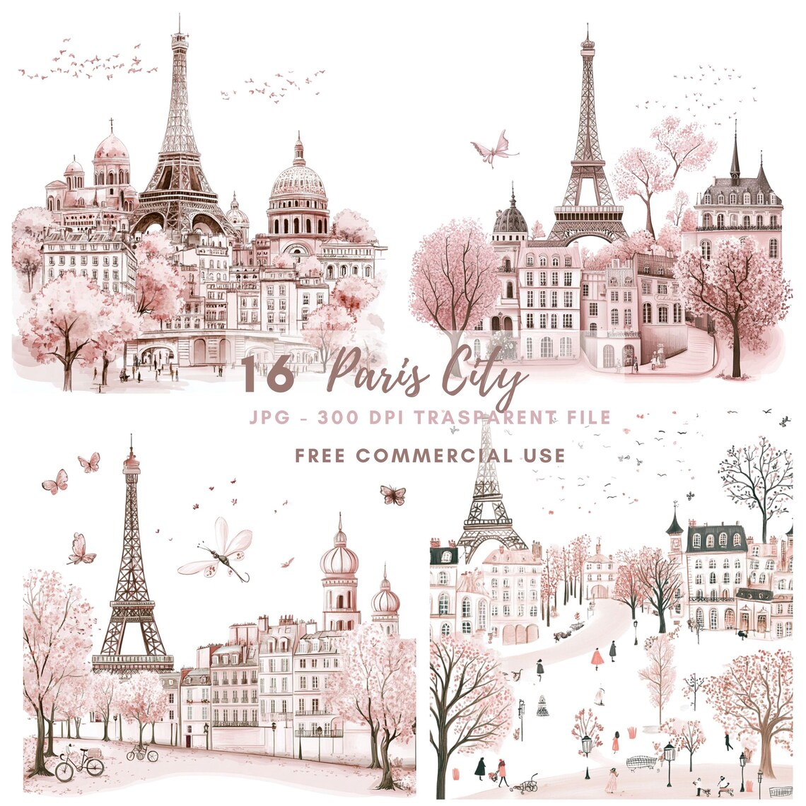 Paris Cityscape Clipart Png,bundle 16 High Quality,watercolor Pink City ...