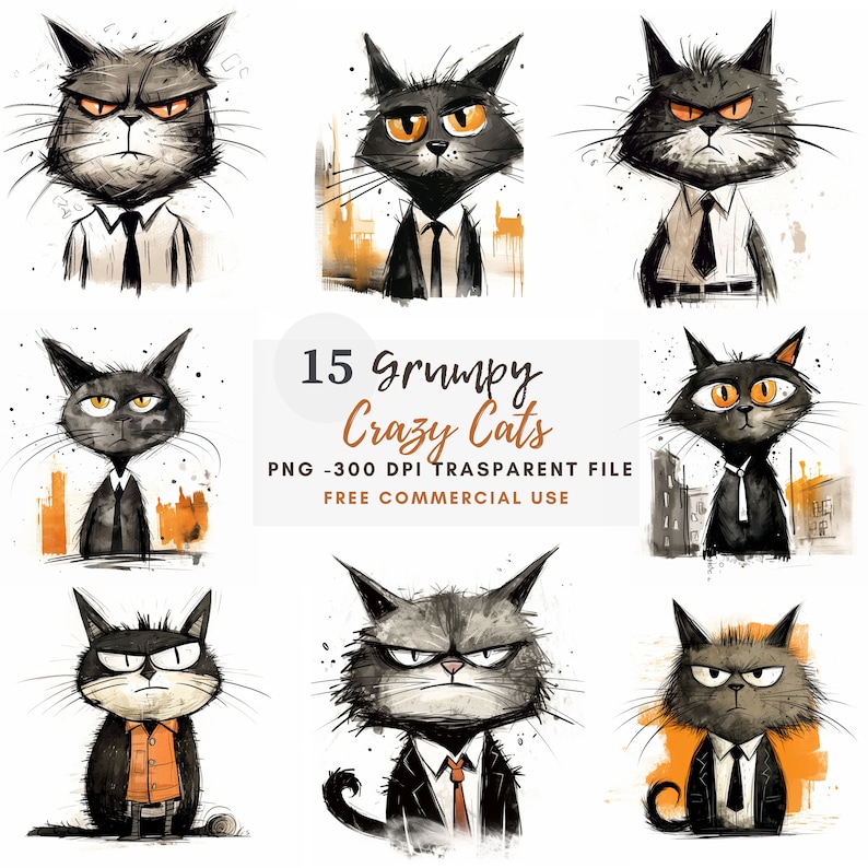Crazy Cat Clipart PNG Bundle 15 High Quality Jpg,funny Grumpy Black ...