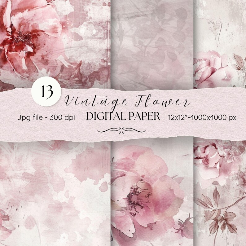 Pink Roses Flower Digital Paper Pack-13 Vintage Scrapbook Junk Journal ...