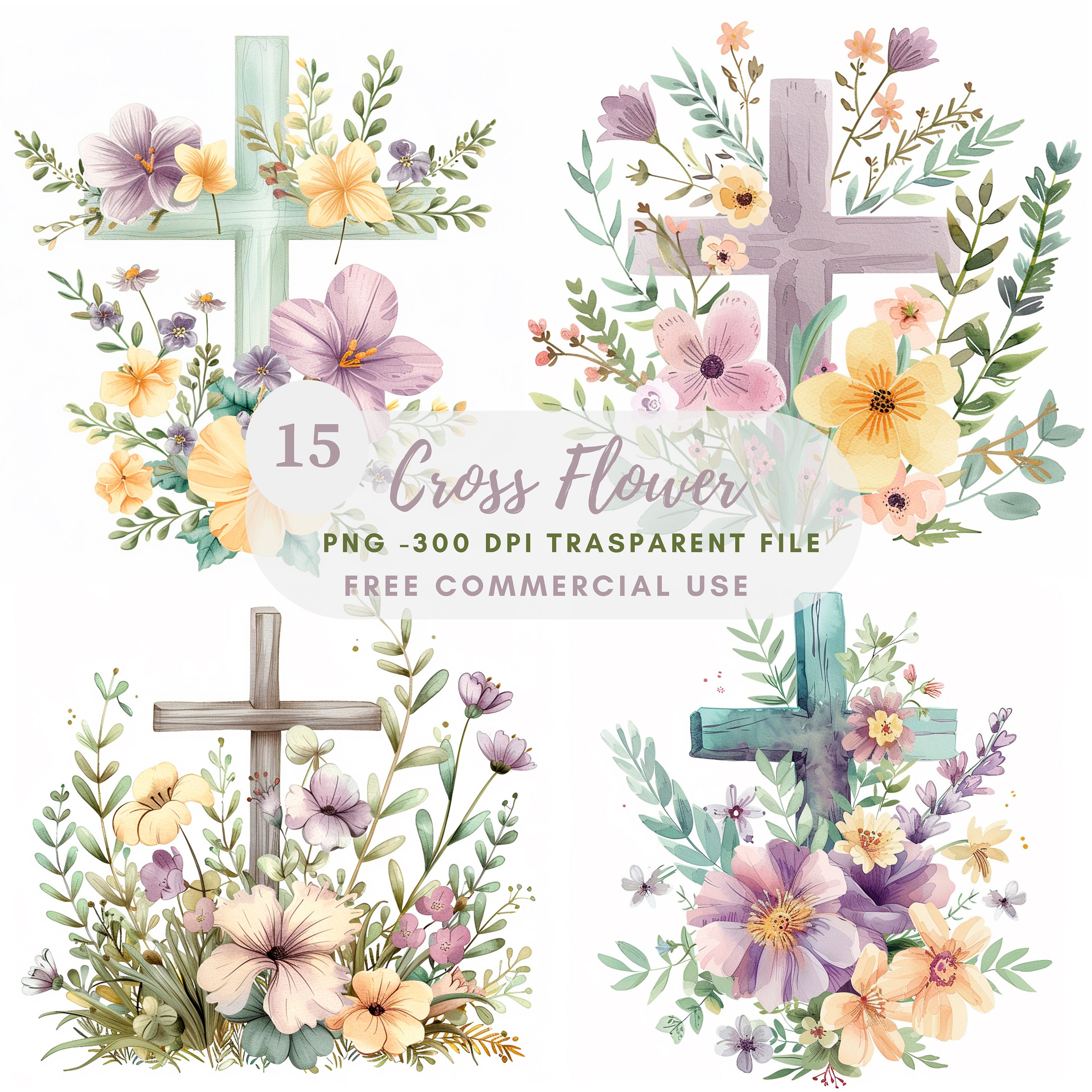 Flower Cross Clipart Bundle 15 High Quality Png,cross Watercolor ...