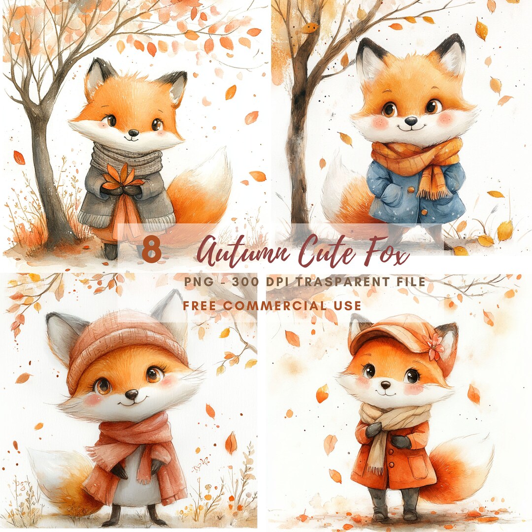 Watercolor Fox Clipart,bundle 8 High Quality Png,fall Autumn Fox,winter ...