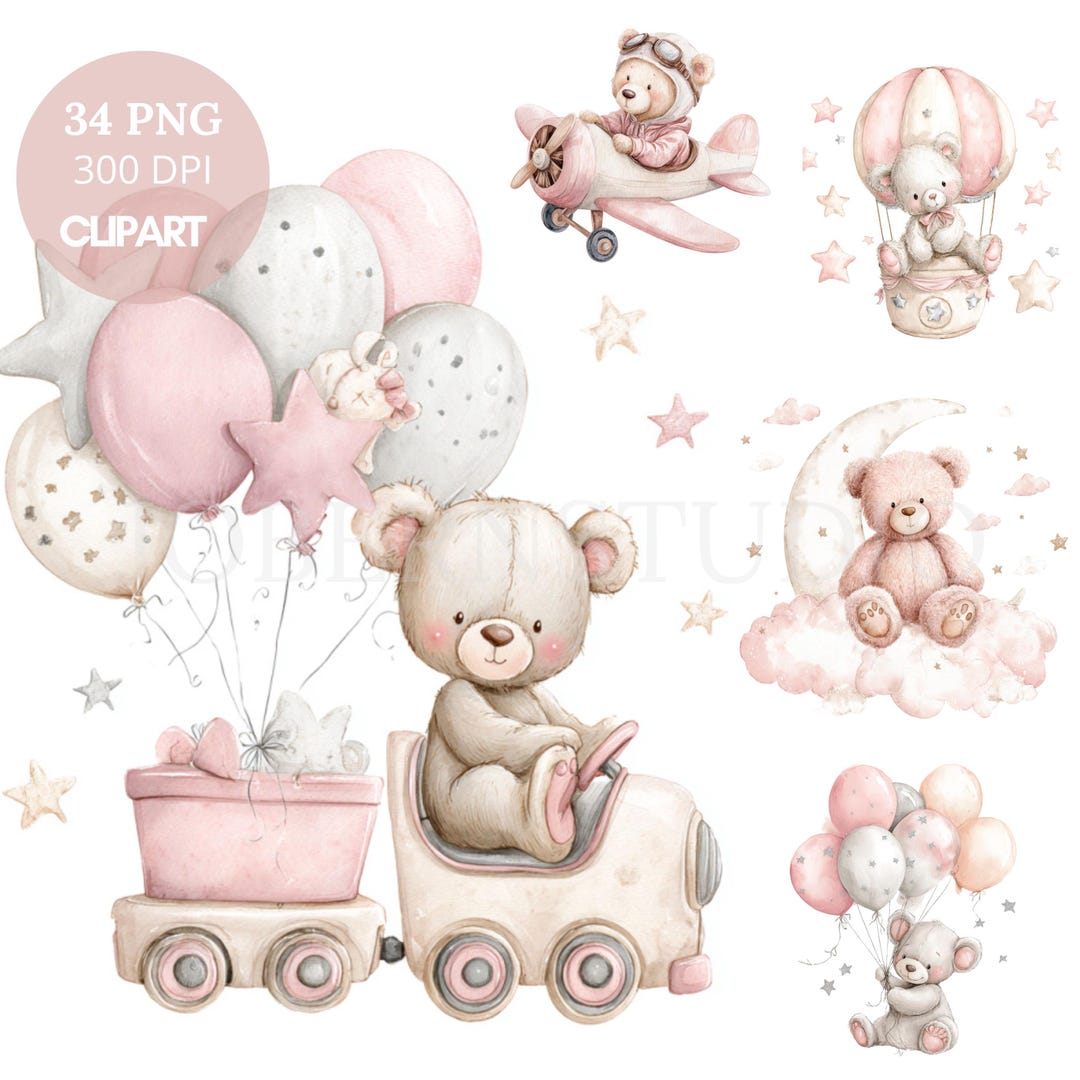 Pink Teddy Bear Watercolor Clipart Bundle | Nursery Decor (digital ...
