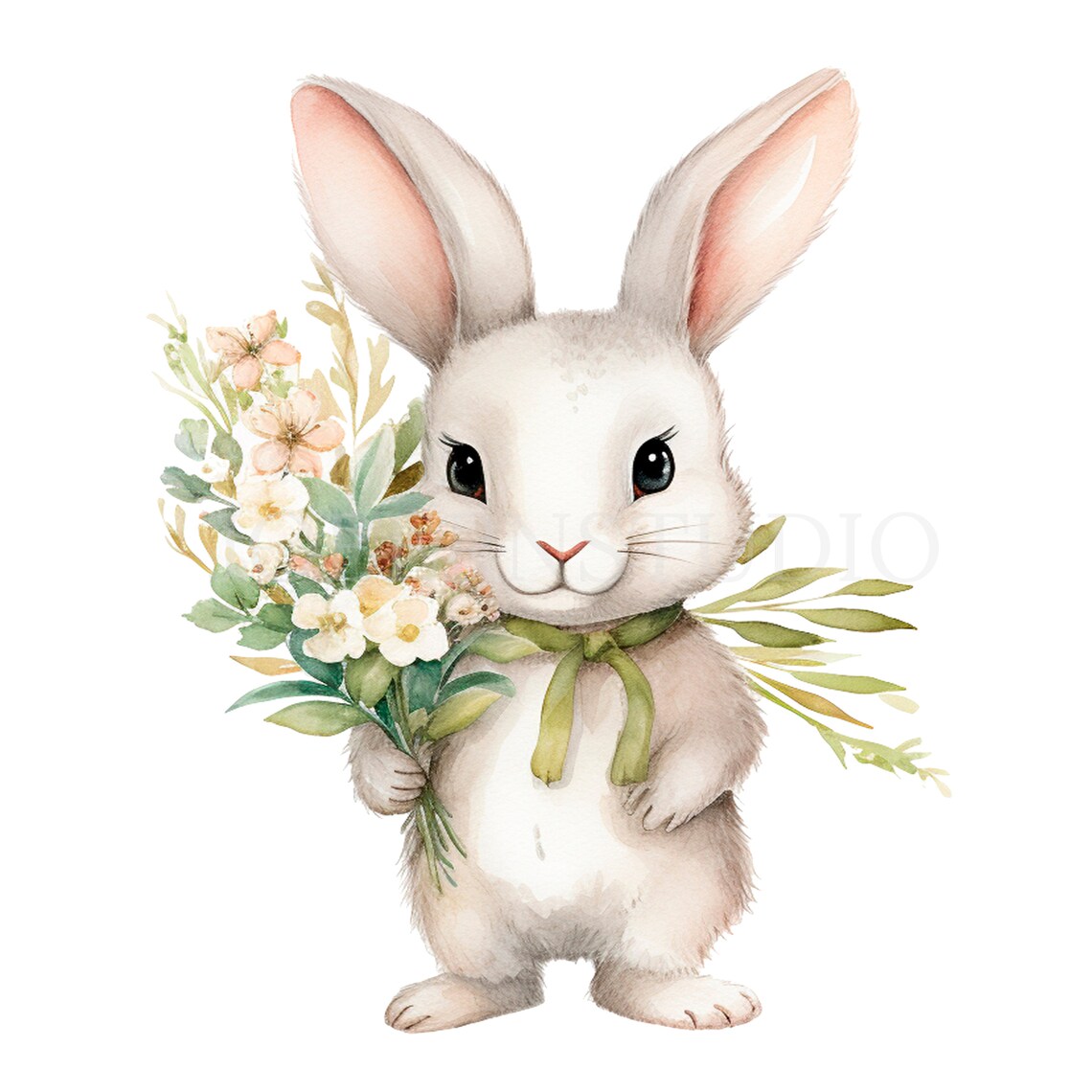 Bunny With Flower Clipart PNG Bundle 10 High Quality JPG, Watercolor ...