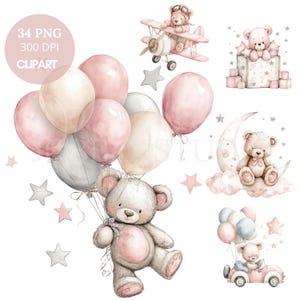 Pink Teddy Bear Nursery Clipart PNG Bundle 34 High Quality| Watercolor ...